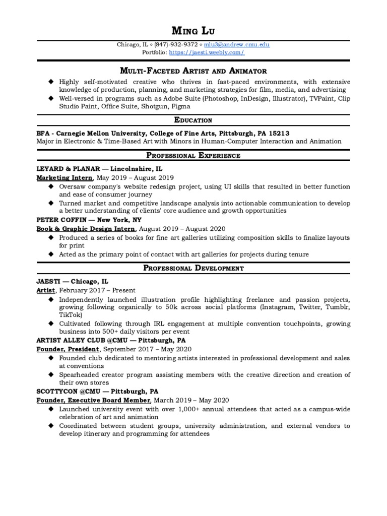Multi-Faceted Artist & Animator Resume | PDF