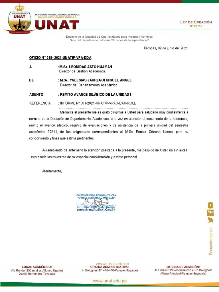 Oficio #019 - Remito Avance Silábico de La Unidad I - Prof-Ortecho | PDF