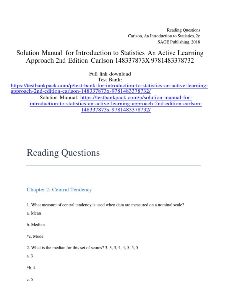 Solution Manual For Introduction To Statistics An Active Learning Approach 2nd Edition Carlson ...