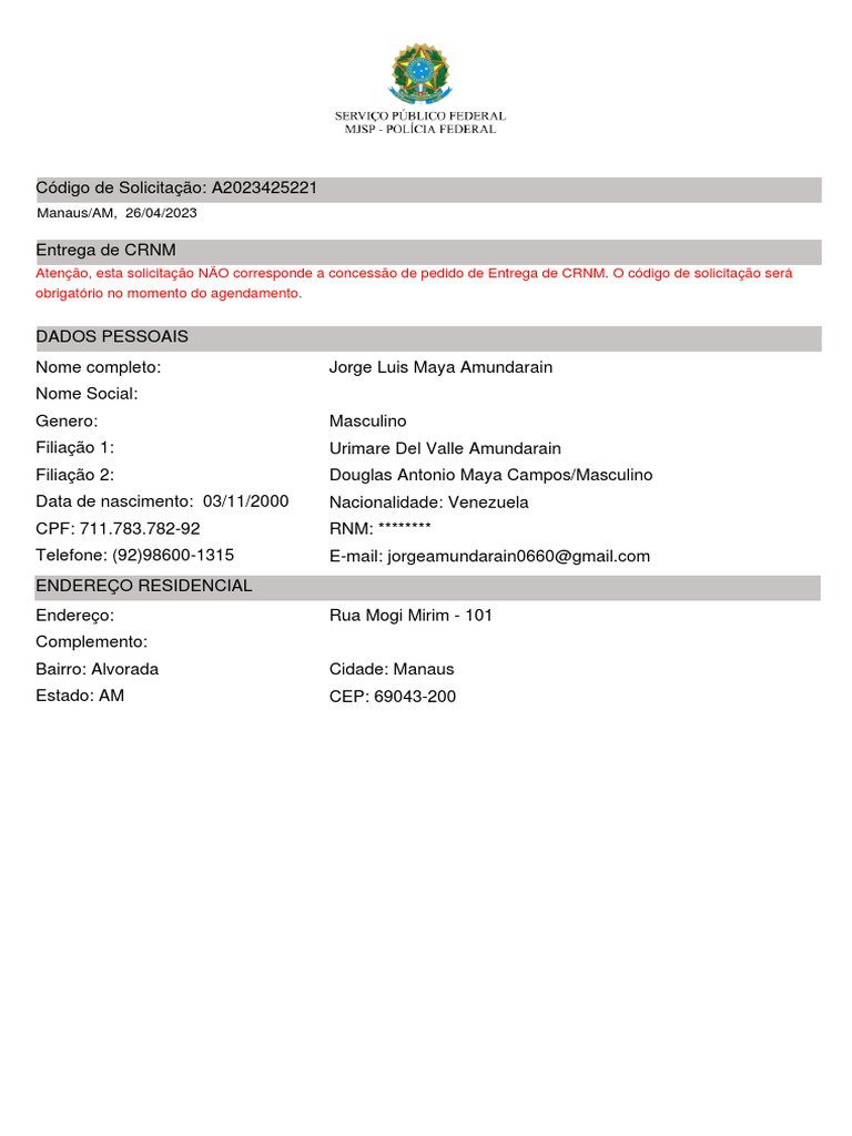 Solicitação de Entrega de CRNM em Manaus | PDF