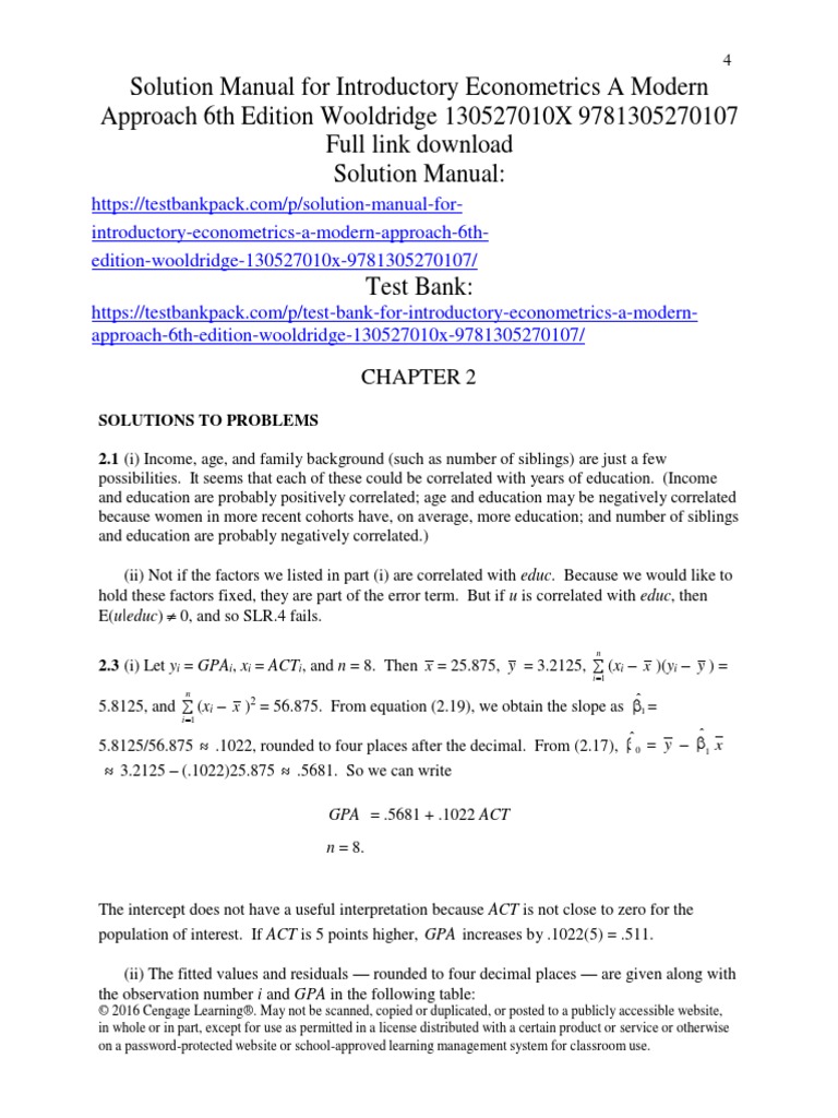 Solution Manual For Introductory Econometrics A Modern Approach 6th ...