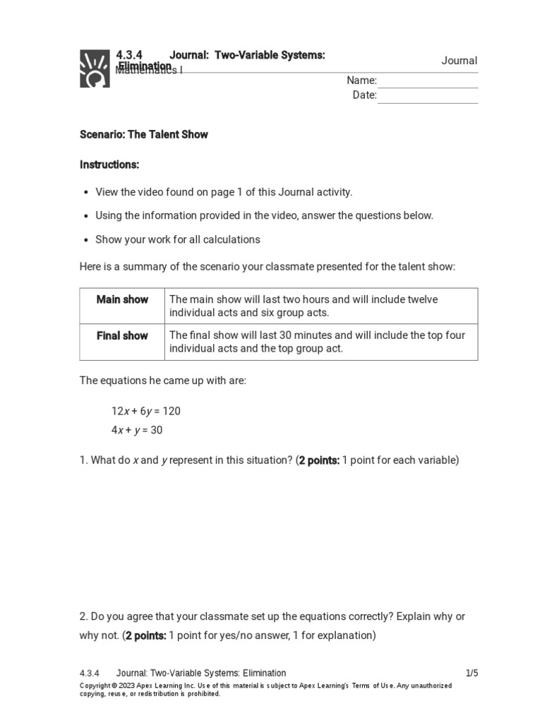 4.3.4 Journal - Two-Variable Systems - Elimination (Journal) | PDF
