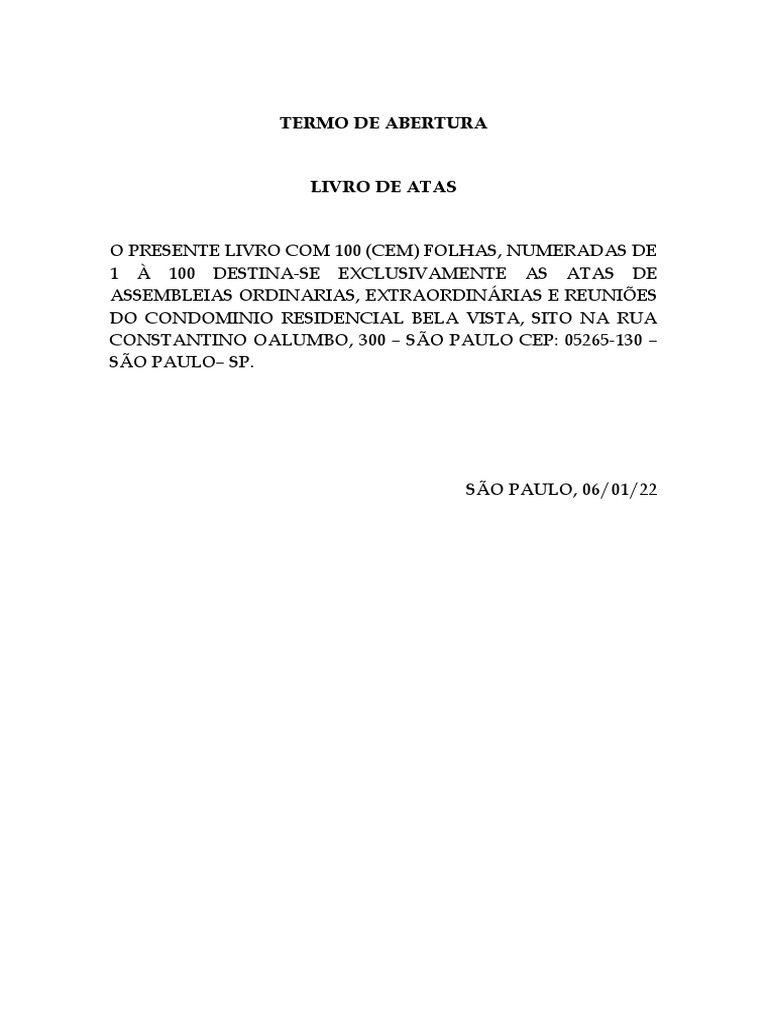 Termo de Abertura Livro de Ata | PDF