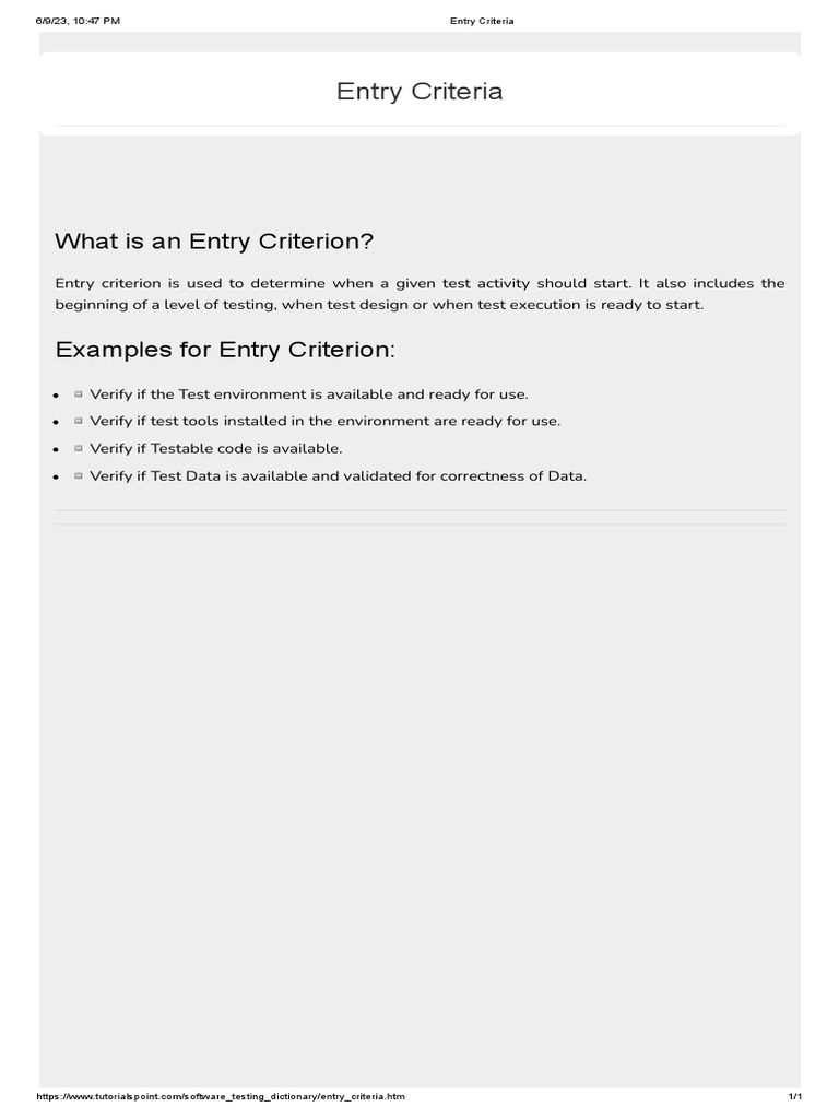 Entry and Exit Criteria | PDF