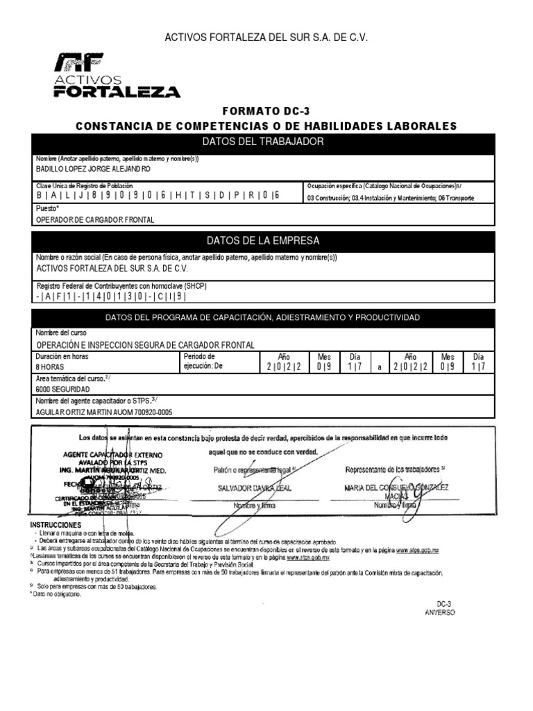 Formato Dc-3 Constancia de Competencias O de Habilidades Laborales | PDF