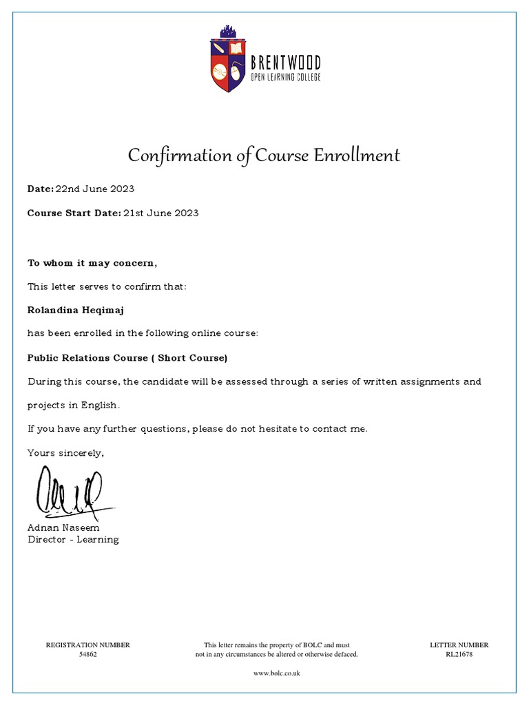 Confirmation of Public Relations Course Enrollment | PDF