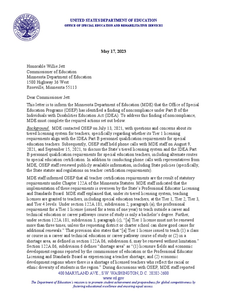 Minnesota Special Ed Licensing Compliance Issue | PDF | Teachers ...