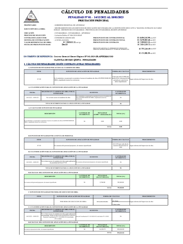 Cálculo de Penalidades en Obra | PDF