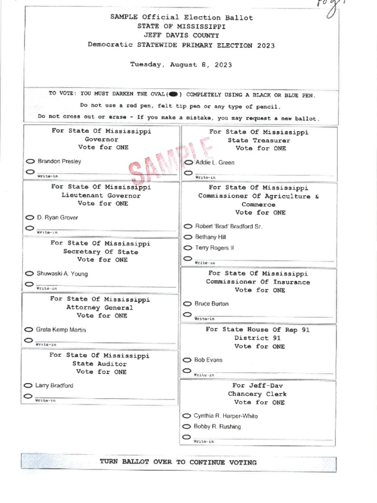 Jefferson Davis County - Democratic Sample Ballot | PDF