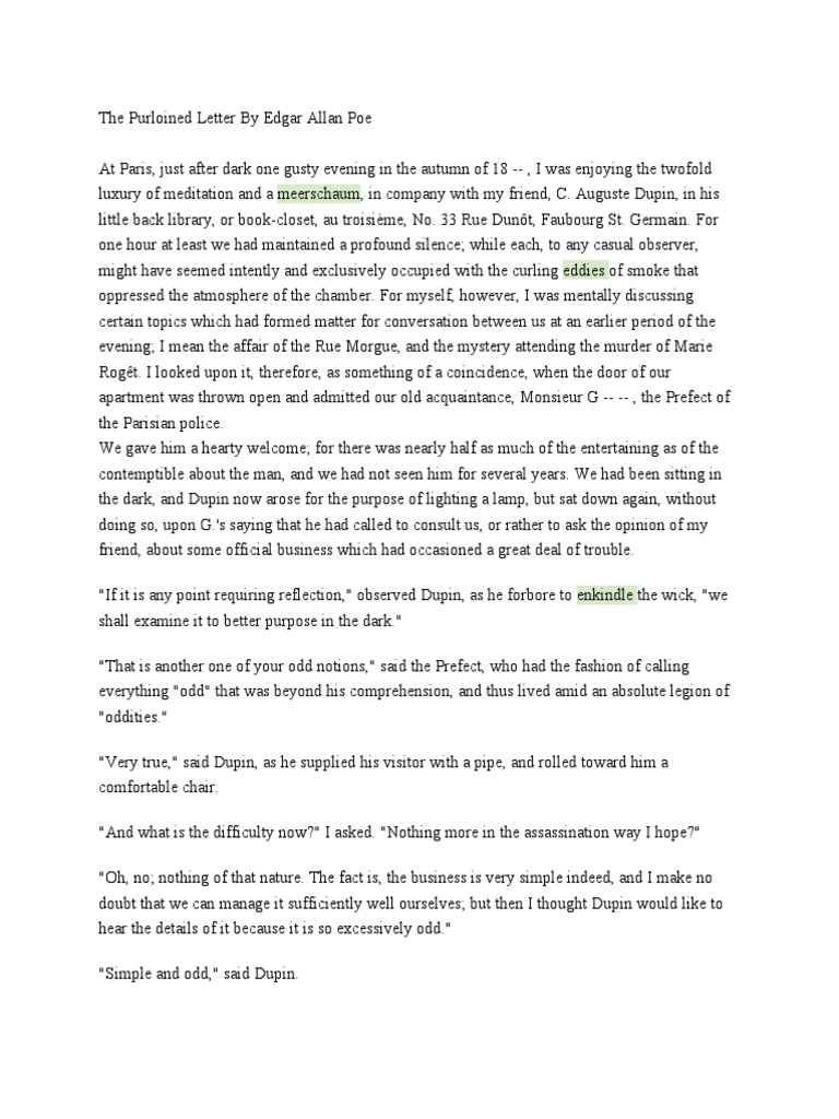The Purloined Letter by Edgar Allan Poe | PDF | C. Auguste Dupin | Truth