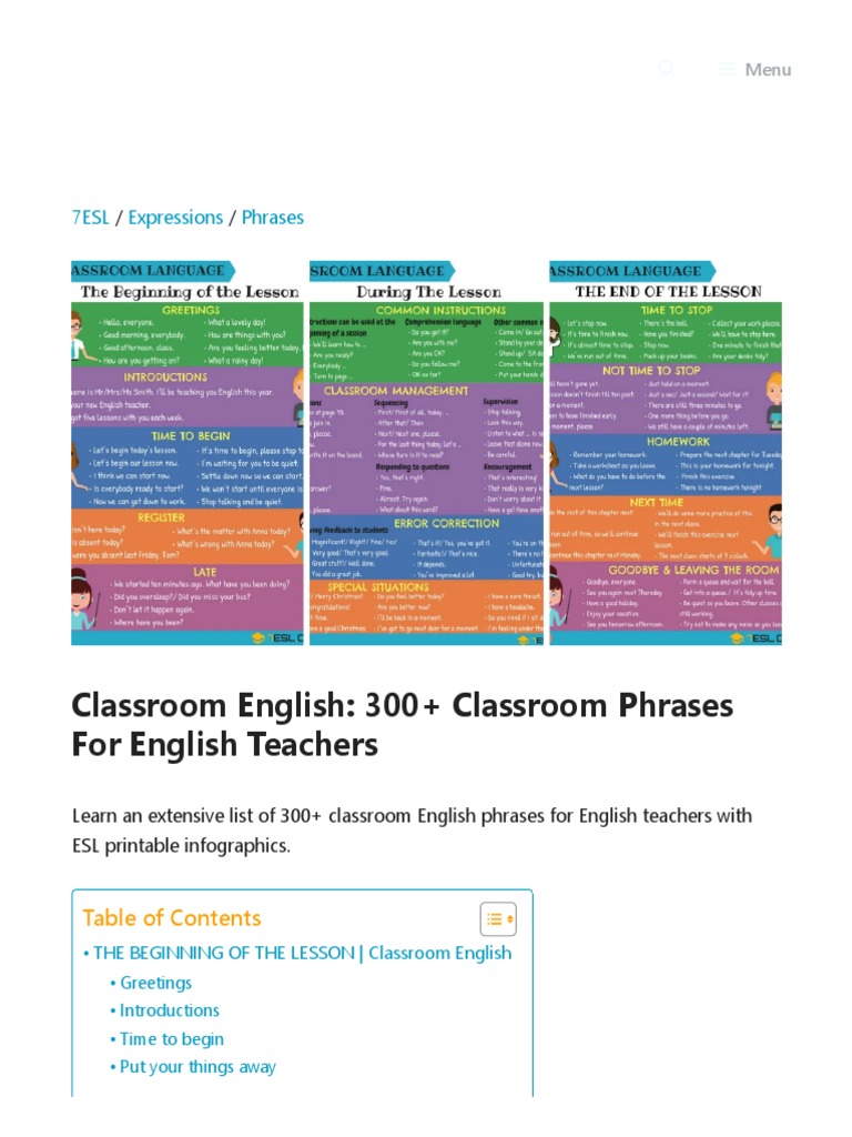 Classroom English - 300+ Classroom Phrases For English Teachers - 7ESL ...