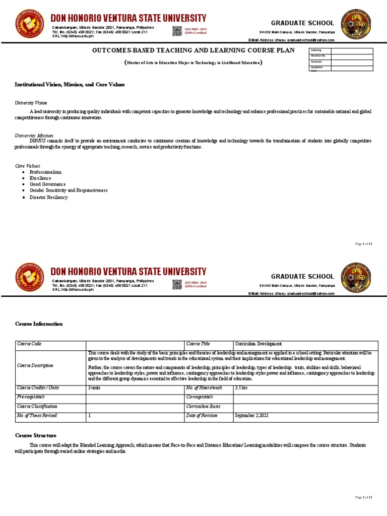 OBE Course Syllabus, Educ Leadership, MAED, TLE | PDF | Leadership ...