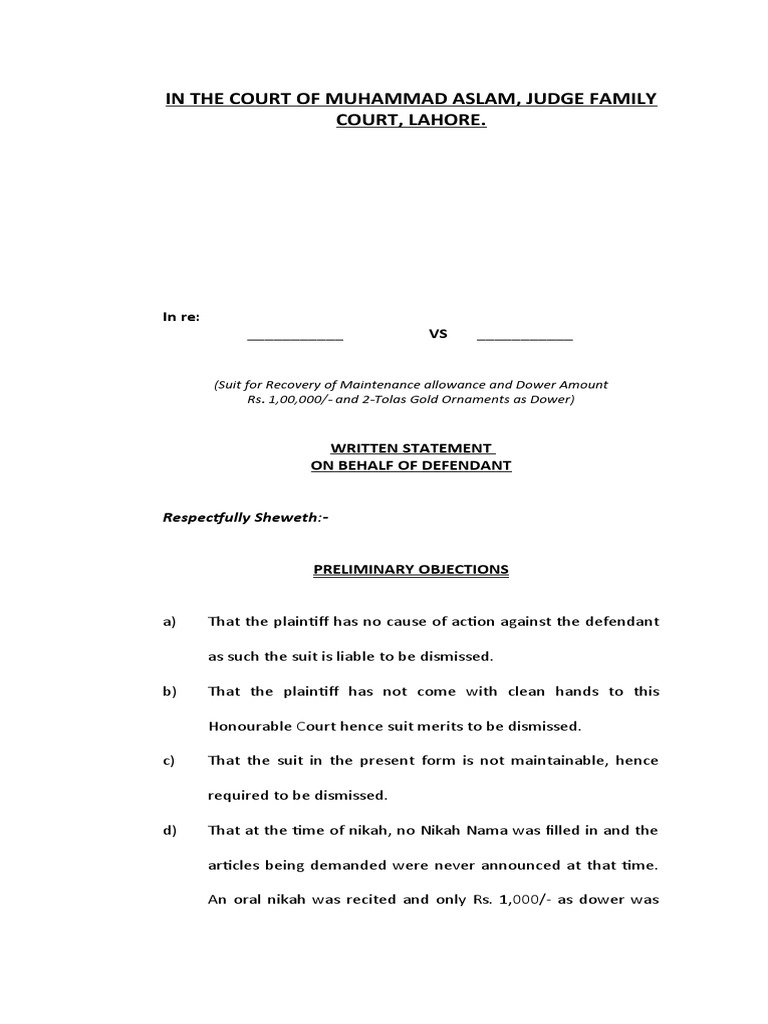 Written Statement in Maintenance allowance and Dower Amount suit | PDF