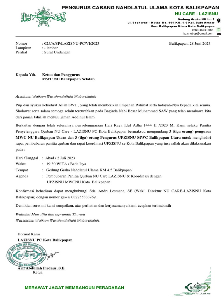Surat Undangan MWC NU & UPZISNU Bpn Selatan | PDF