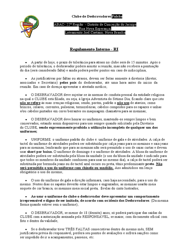 Regulamento Interno (RI) Do Clube de Desbravadores Falcão | PDF