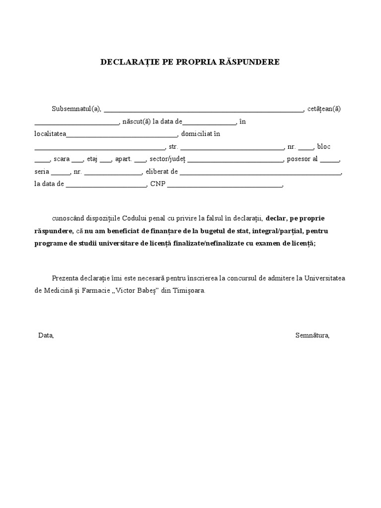 Declaratie Pe Proprie Raspundere - Admitere 2023 | PDF