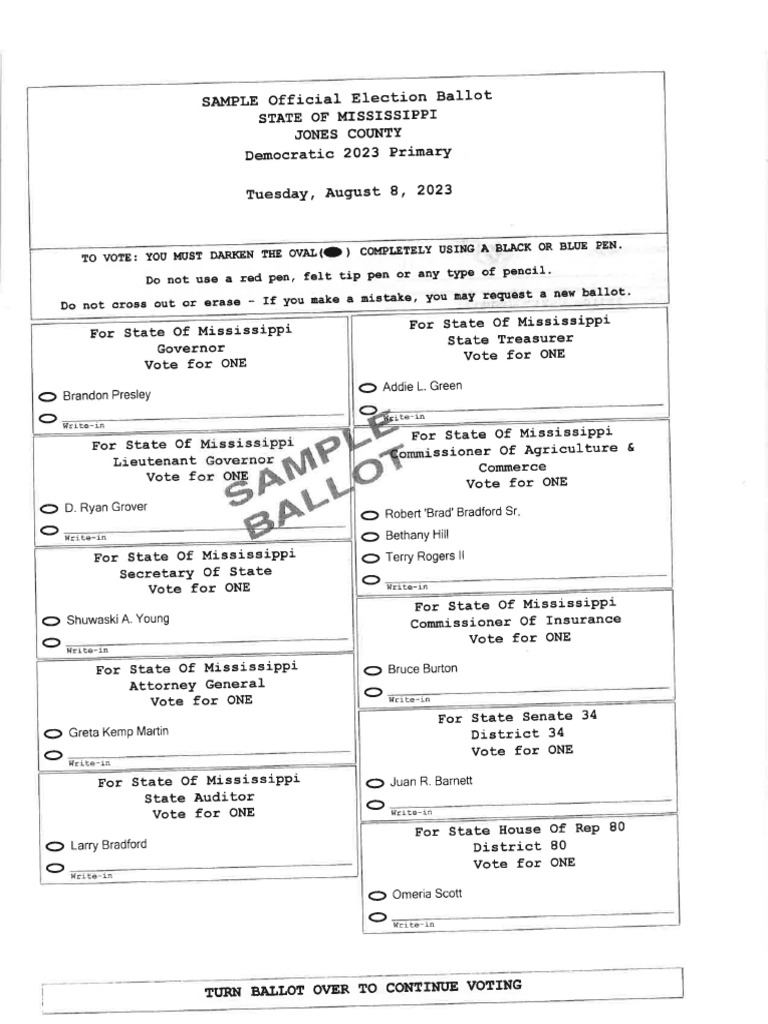 Jones County - Democratic Sample Ballot | PDF