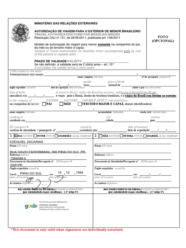 FORM Autorizacao de Viagem para Menor Acompanhado Assinado | PDF