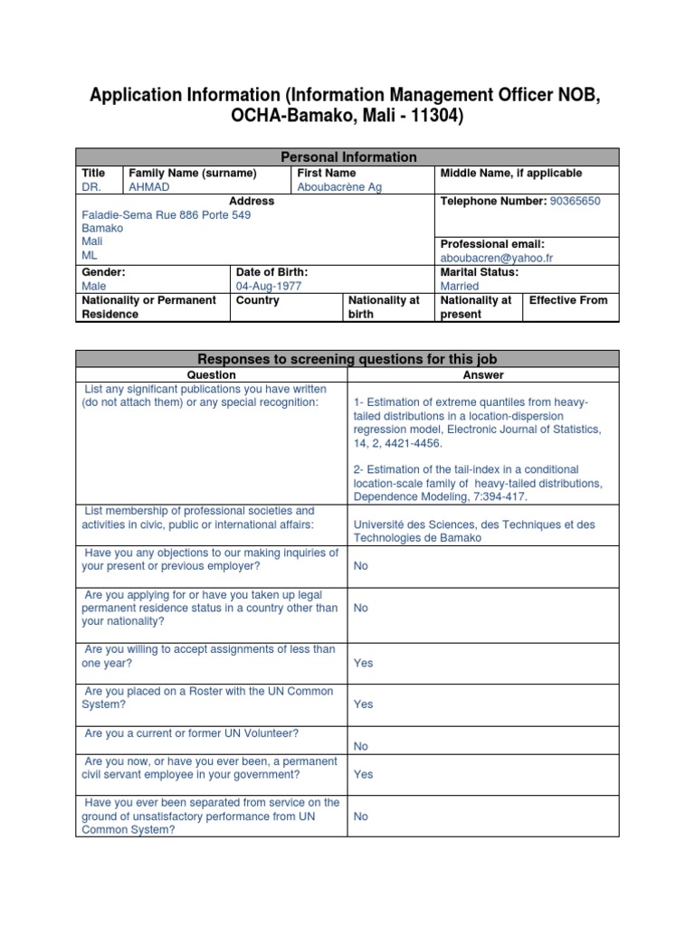 Information Management Officer NOB, OCHA-Bamako, Mali Application | PDF