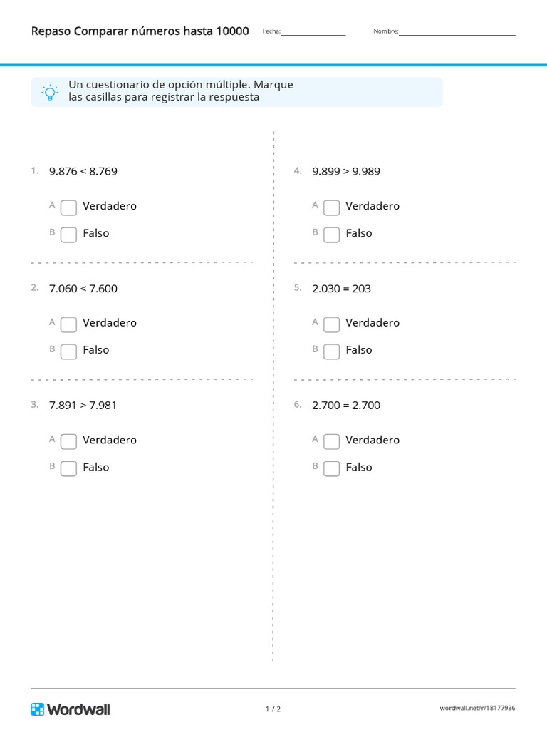 Comparar Numeros Hasta El 10000 | PDF