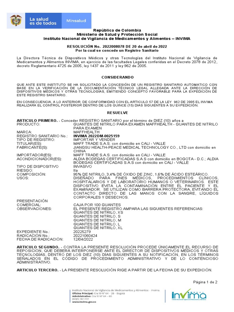 Registro sanitario invima guantes de nitrilo | PDF | Medicamentos con ...