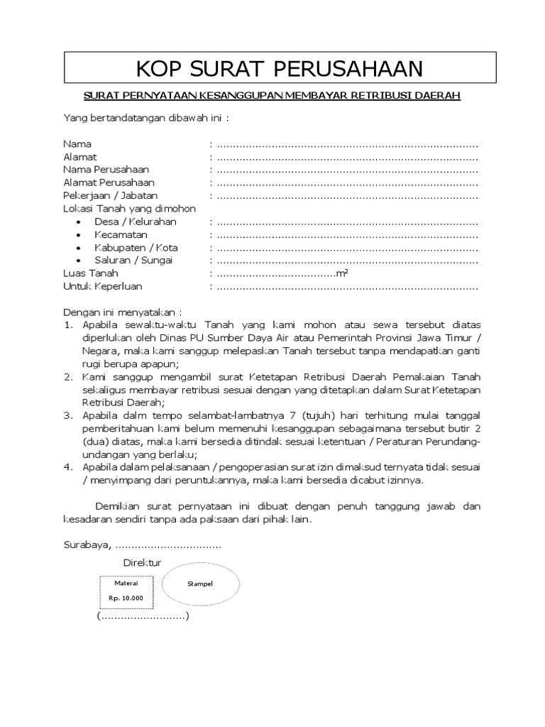 174b512bbb - Surat Pernyataan Kesanggupan Membayar Retribusi | PDF