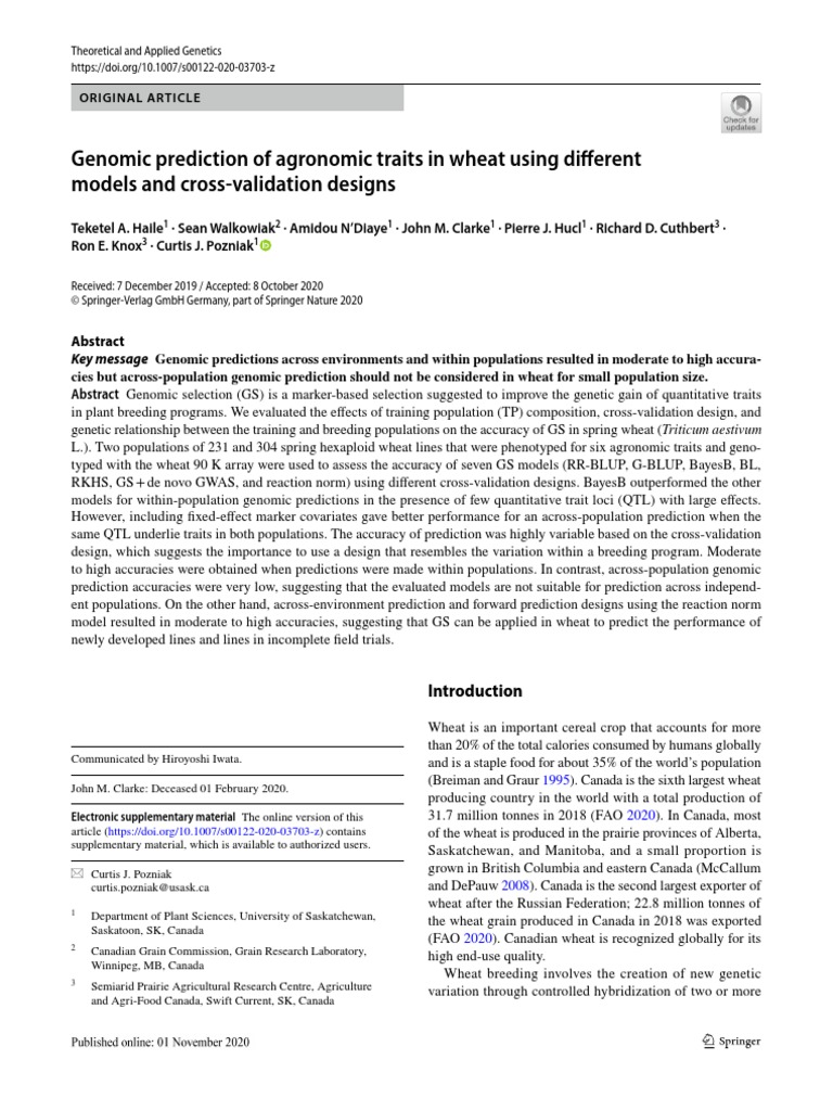 Genomic Prediction of Agronomic Traits in Wheat Using Different Models ... Genomic Prediction of Agronomic Traits in Wheat Using Different Models ...