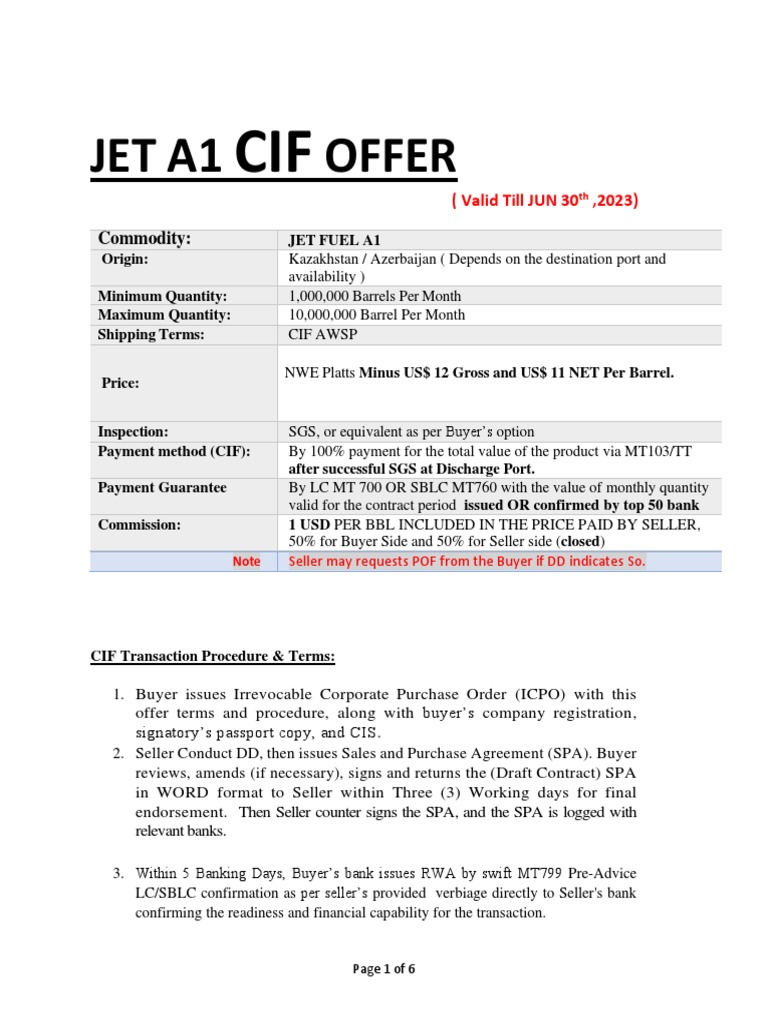 Jet A1 CIF OFFER-2 | PDF | Letter Of Credit | Business
