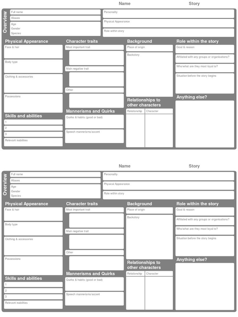 Minor Character Sheet (Block Style) | Download Free PDF | Psychology ...