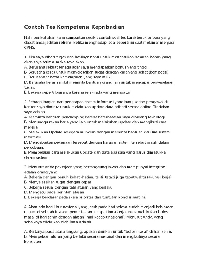 Contoh Tes Kompetensi Kepribadian - TKP | PDF