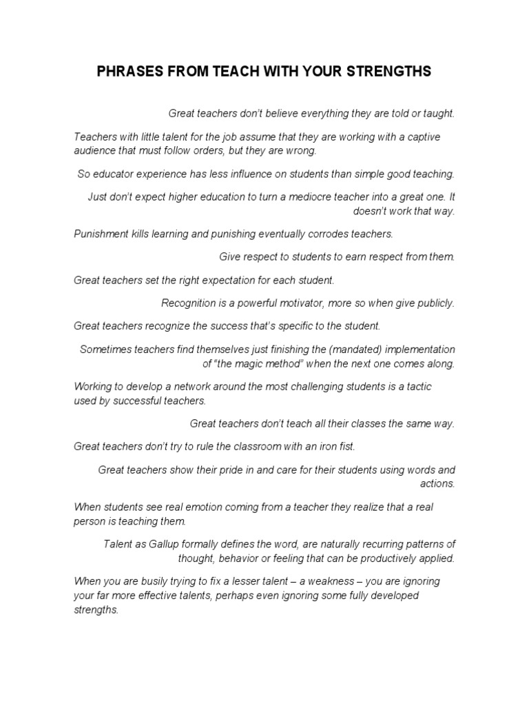 PHRASES FROM TEACH WITH YOUR STRENGTHS | PDF | Teachers | Knowledge