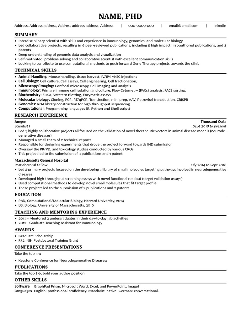 Scismics Recommended CV Template For Biotech and Pharma Jobs | Download ...