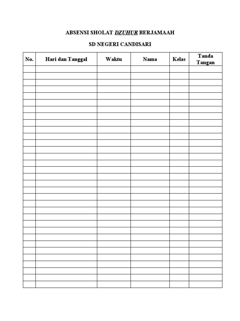 Contoh Absen Sholat Dzuhur Berjamaah | PDF