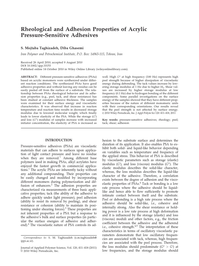 Rheological and Adhesion Properties of Acrylic Pressure-Sensitive Adhesives | PDF