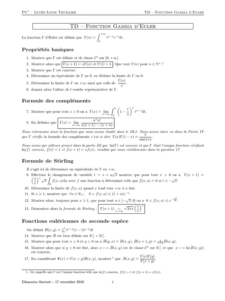 Fonction Gamma d'Euler et ses propriétés | PDF | Mathématiques ...