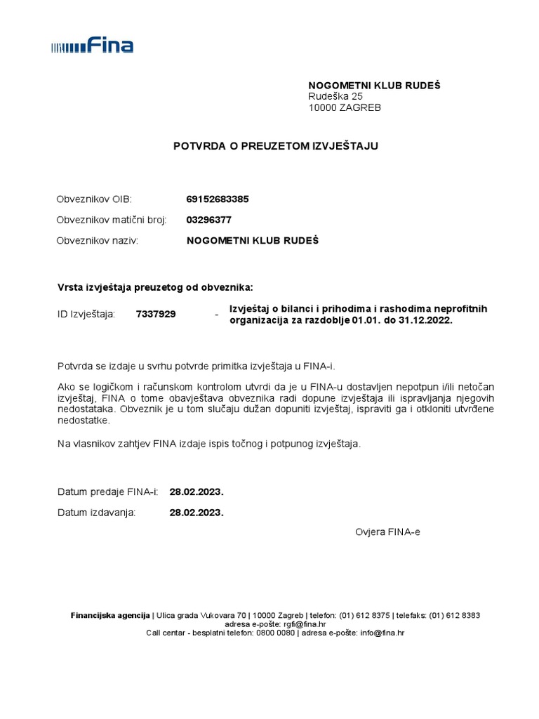 Potvrda FINA NK Rudes | PDF