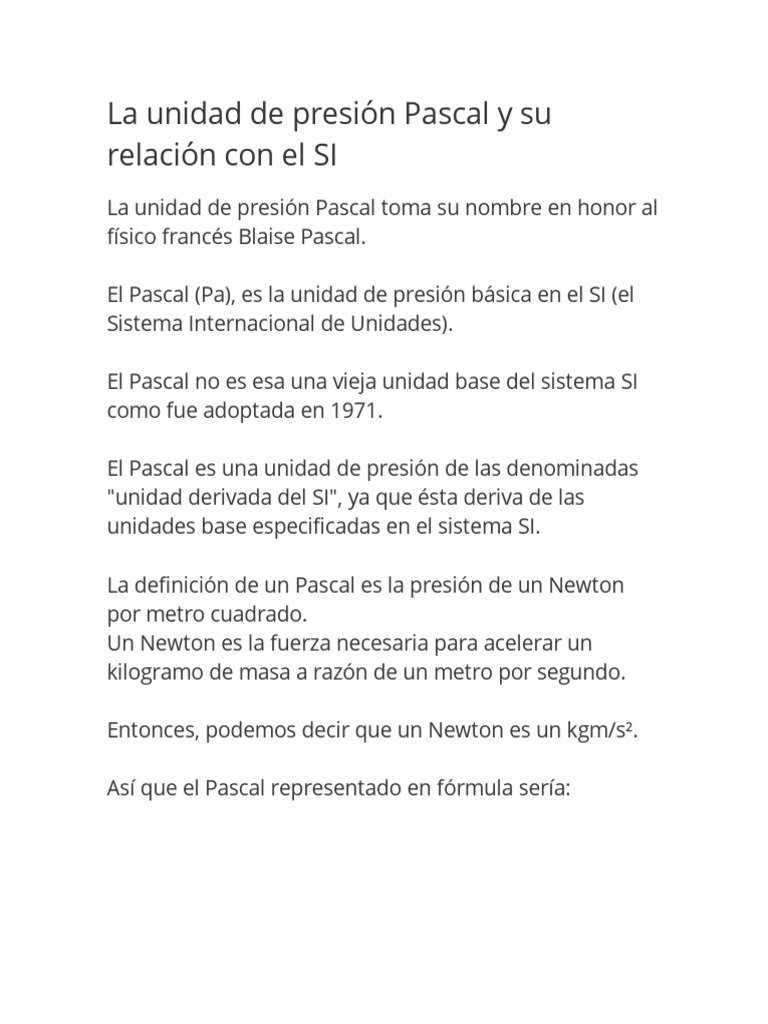 La Unidad de Presión Pascal y Su Relación Con El SI | PDF | Métodos y materiales de enseñanza ...