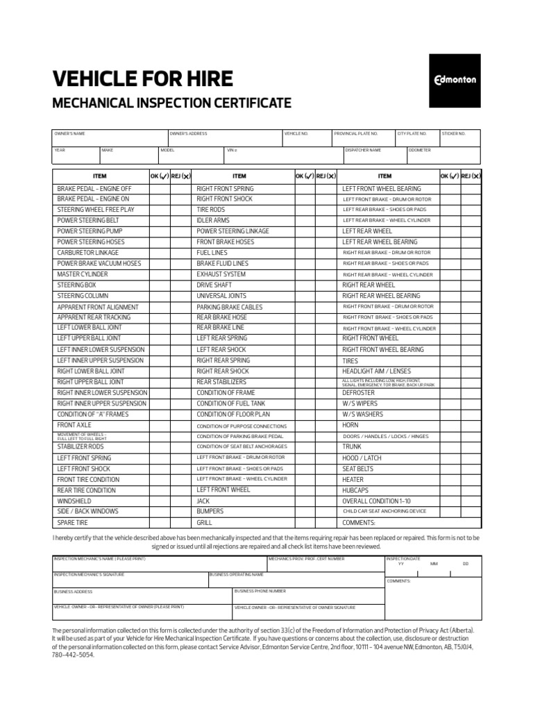 Vehicle For Hire Mechanical Inspection Form | PDF | Brake | Steering