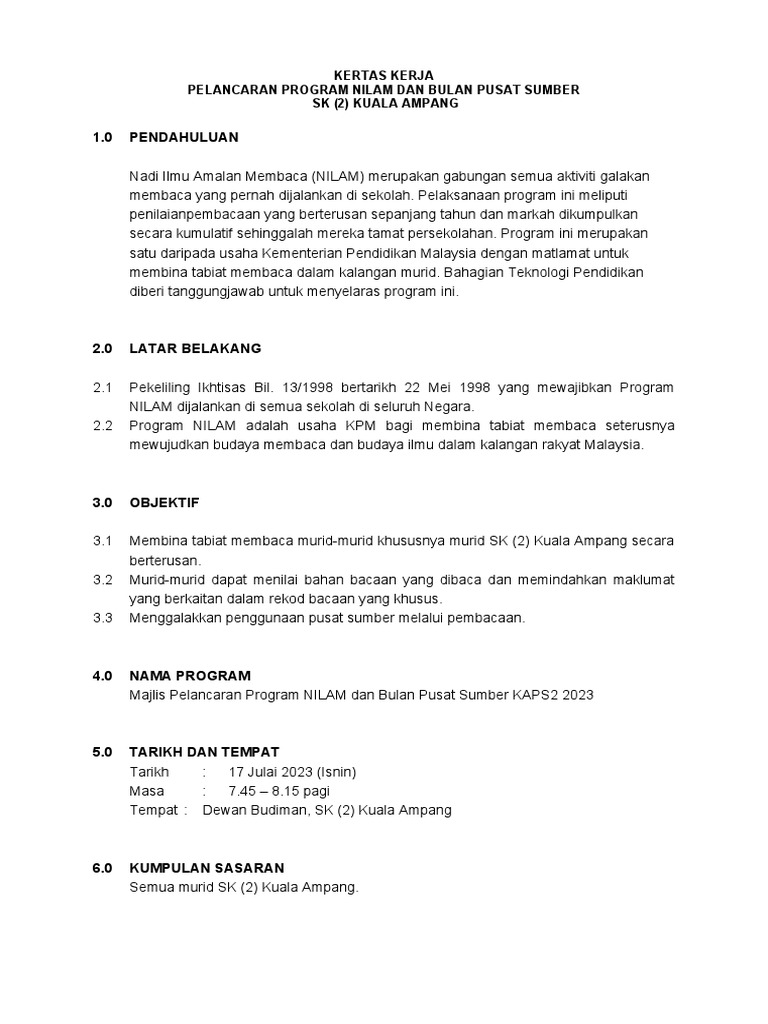 Kertas Kerja Pelancaran Program NILAM 2023 | PDF