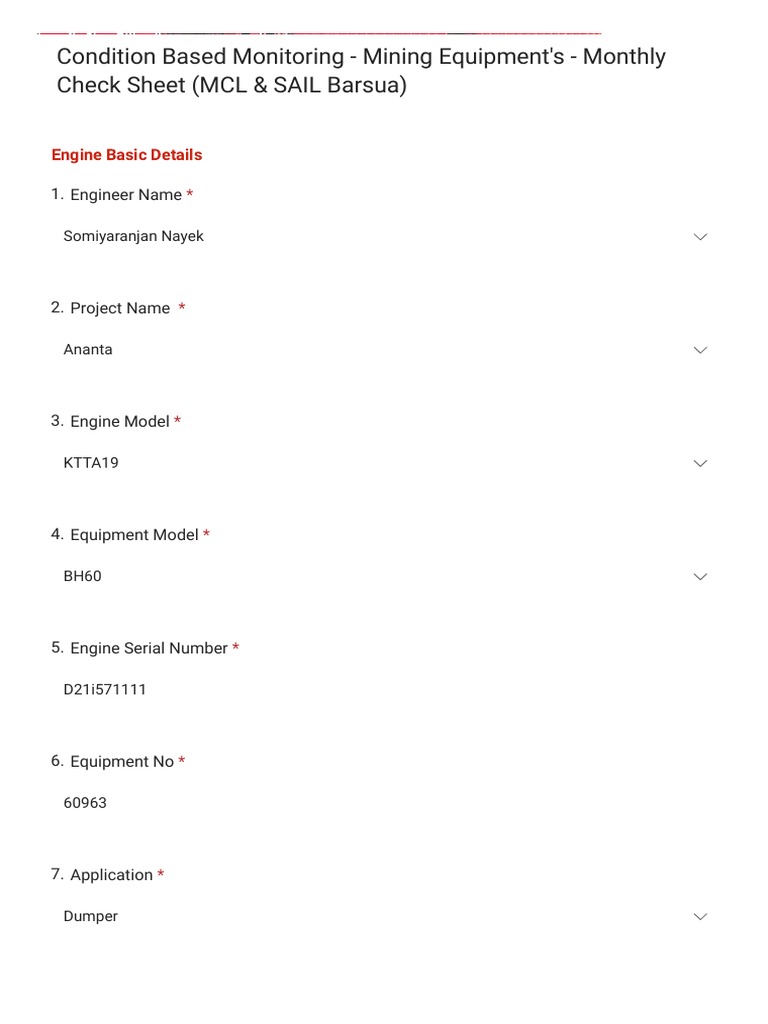 Condition Based Monitoring - Mining Equipment's - Monthly Check Sheet ...