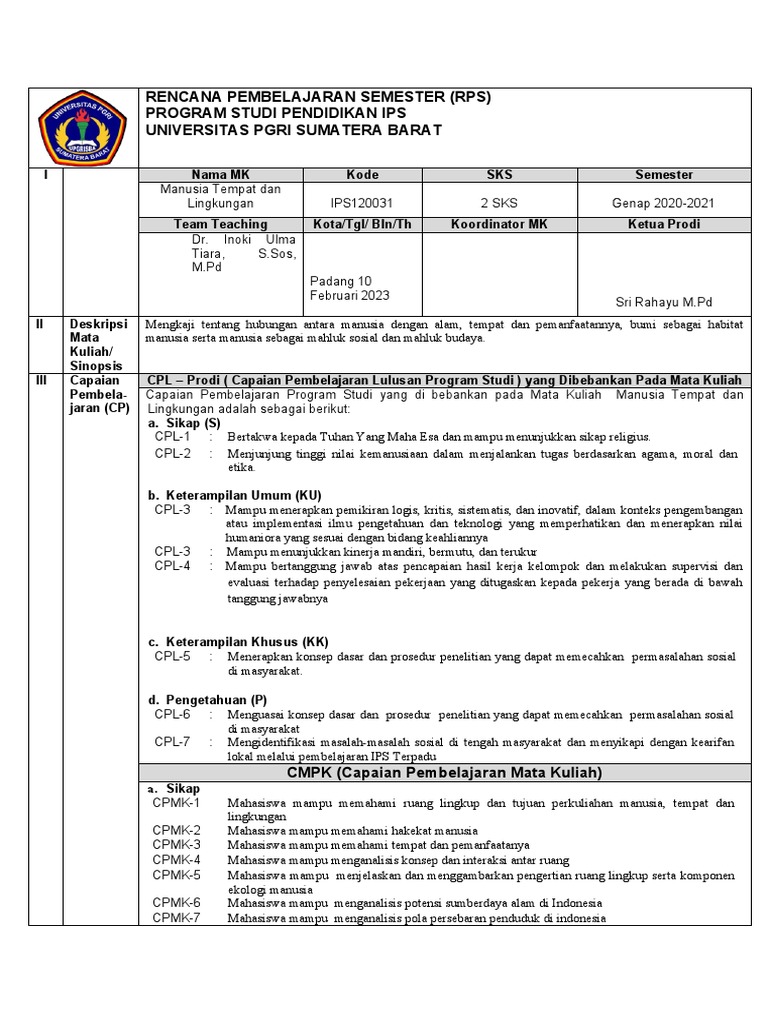 RPS Manusia Tempat Dan Lingkungan Semester Genap 2020 2021 | PDF | Karier & Perkembangan | Seni