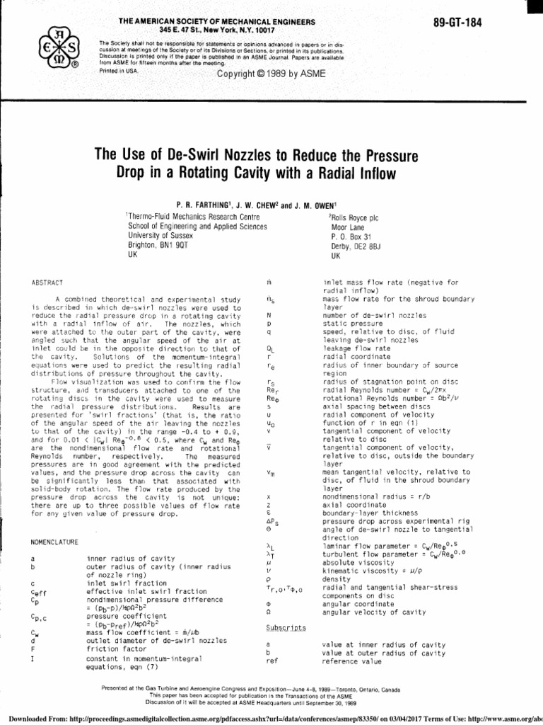 The Use of De-Swirl Nozzles To Reduce The Pressure Drop in A Rotating ...