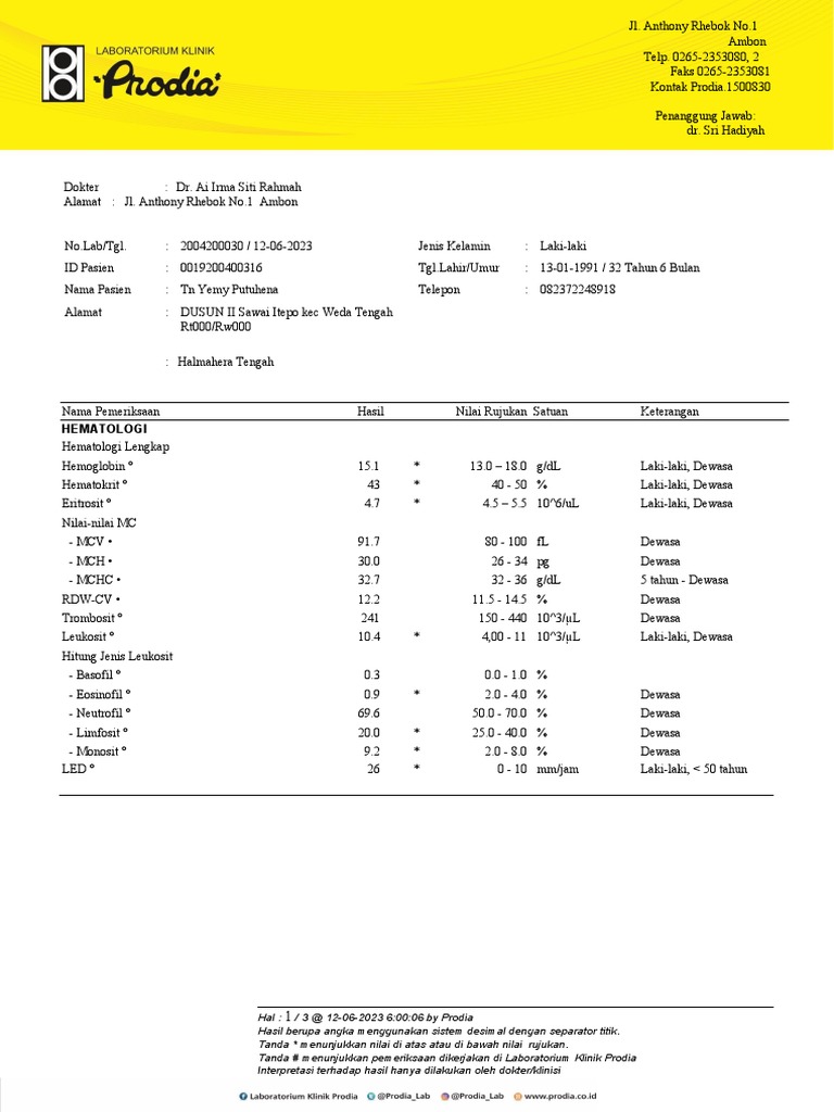 Hasil Tes Darah Prodia KAK YEMY | PDF Hasil Tes Darah Prodia KAK YEMY | PDF