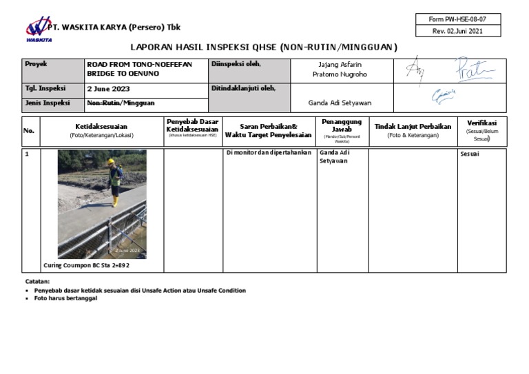 Laporan Inspeksi QHSE Proyek Jalan | PDF