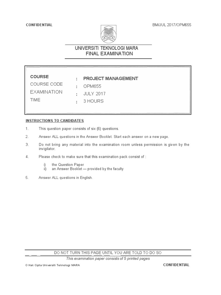 UiTM Project Management Exam 2017 | PDF