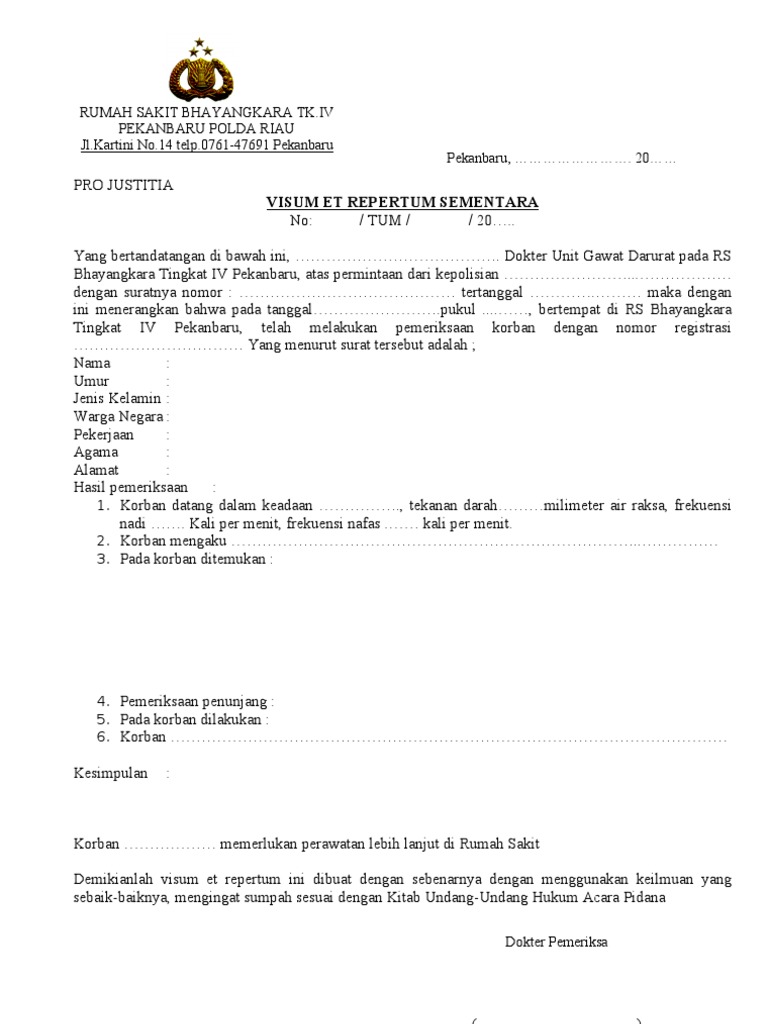 Format Visum Sementara RS Bhayangkara Pekanbaru | PDF | Ilmu Sosial ...