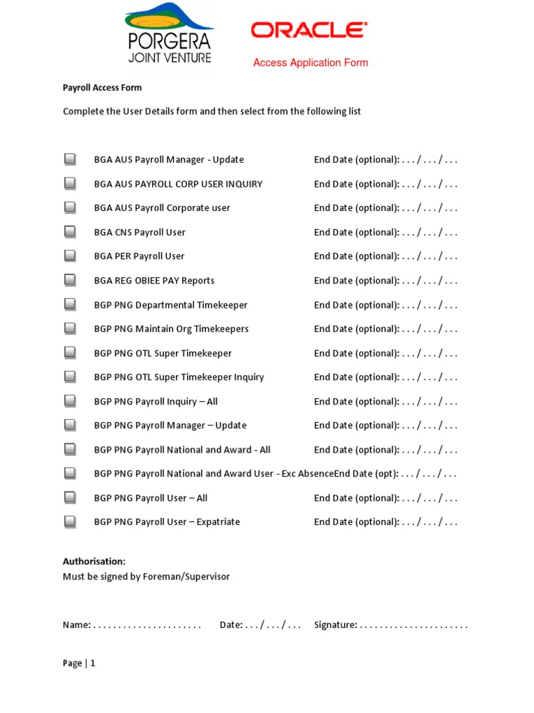 PJV Oracle Access Request Form Payroll Access | PDF