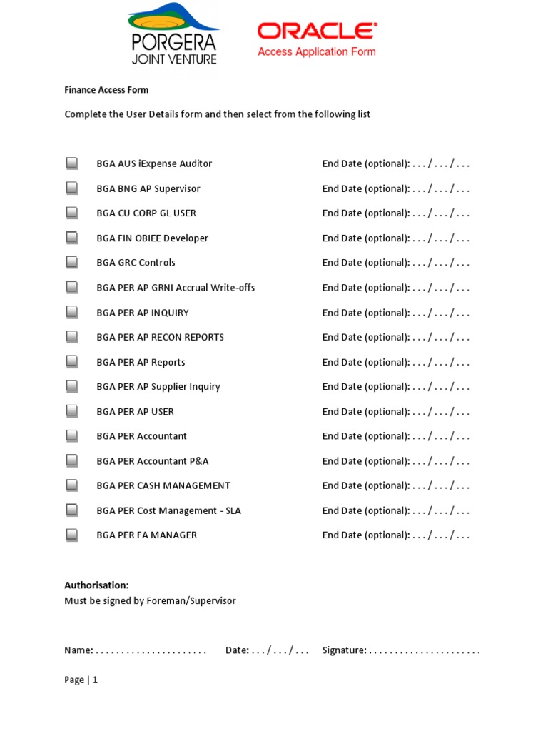 PJV Oracle Access Request Form Finance Access | PDF | Accounts Payable ...