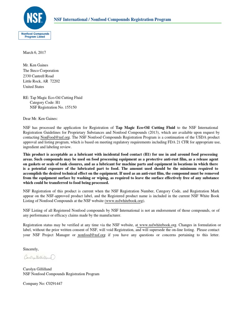 NSF International / Nonfood Compounds Registration Program | PDF ...