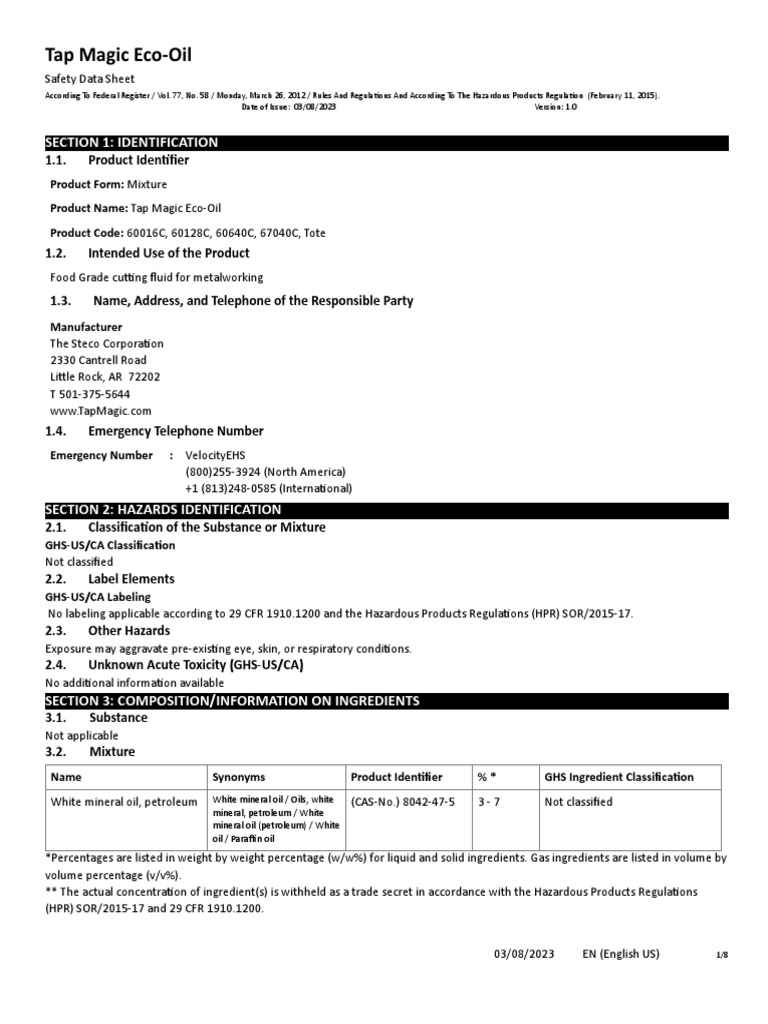 Tap Magic Eco Oil Sds en Us 2023pdf | PDF | Workplace | Chemistry